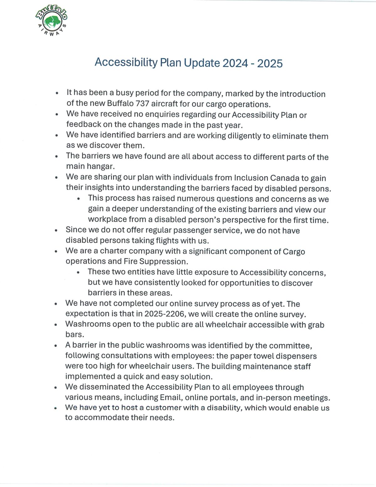 2024-2027 ACCESSIBILITY PLAN AND THE FEEDBACK PROCESS - BUFFALO AIRWAYS